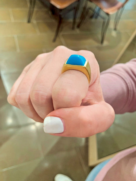 Devta Doolan Sleeping Beauty Turquoise Gold Solitaire Signet Ring