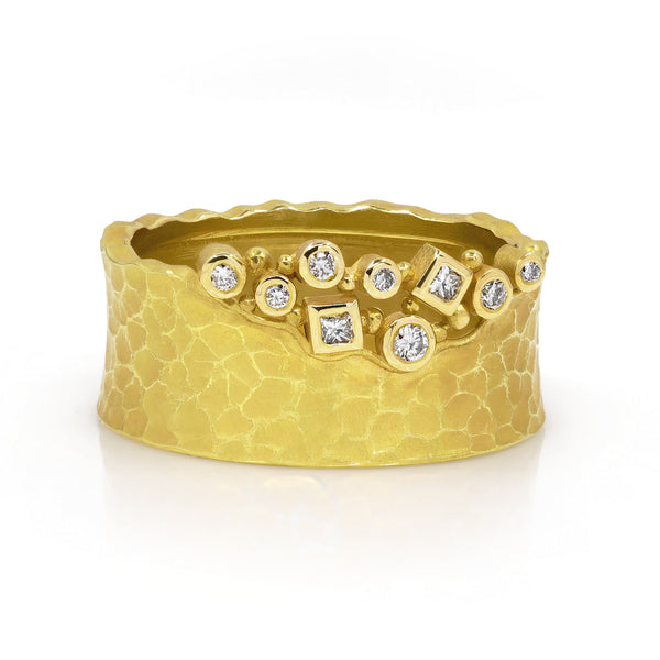 Barbara Heinrich Diamond Cluster Textured Gold Carved Glacier Band Rin