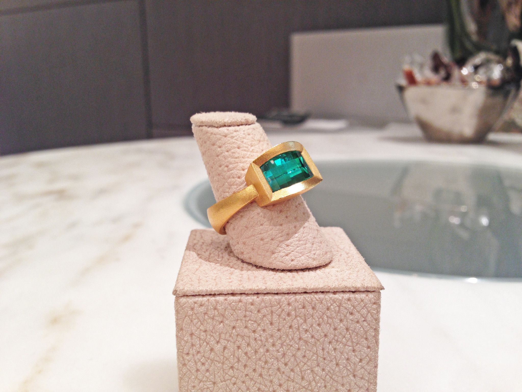 Devta Doolan One of a Kind Geometric Grid Bluish-Green Tourmaline Gold Ring