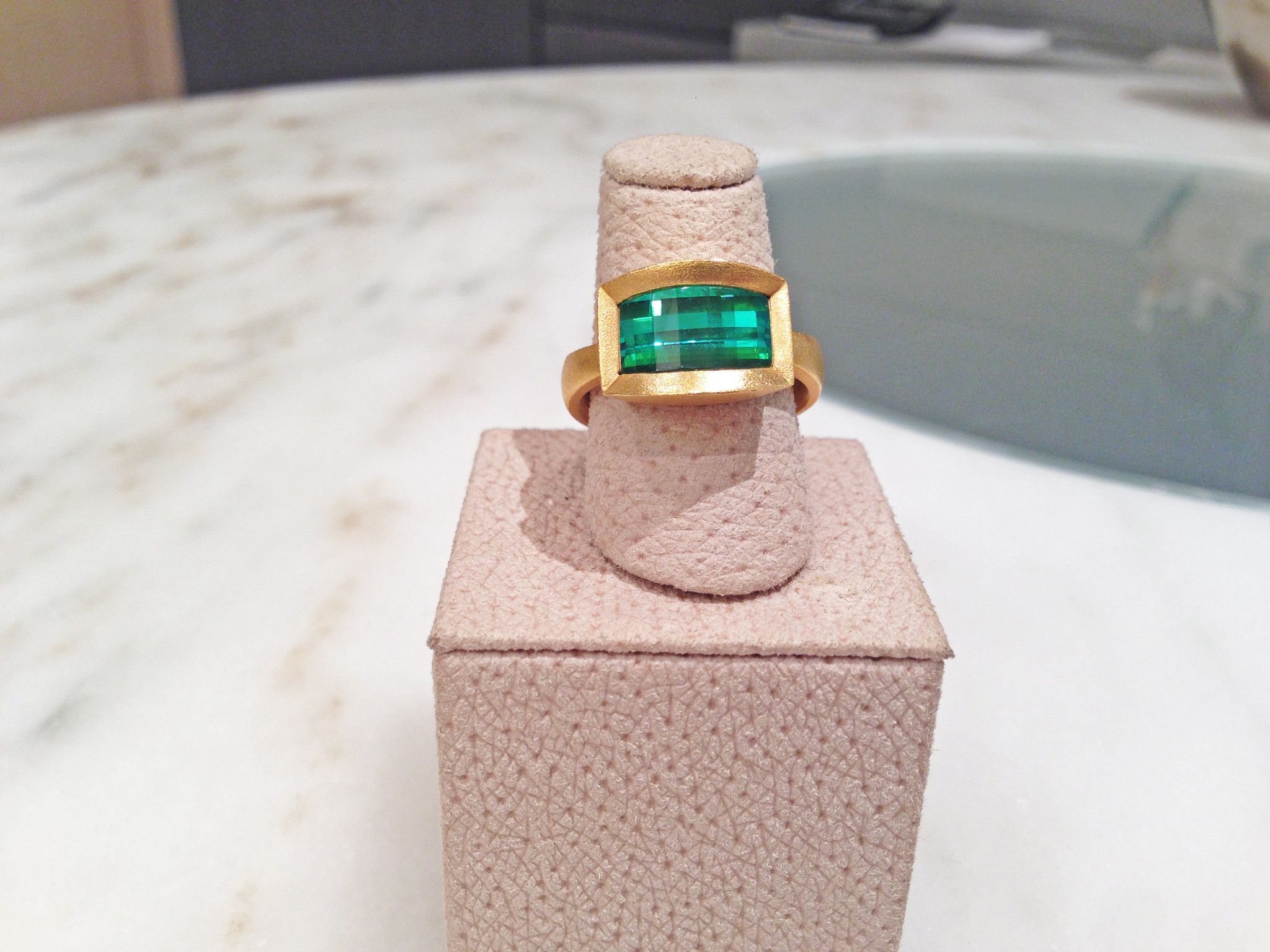 Devta Doolan One of a Kind Geometric Grid Bluish-Green Tourmaline Gold Ring