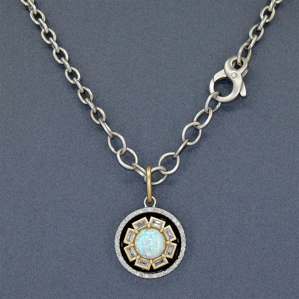 Liza Beth Fiery Opal Diamond Baguette Pendant Necklace