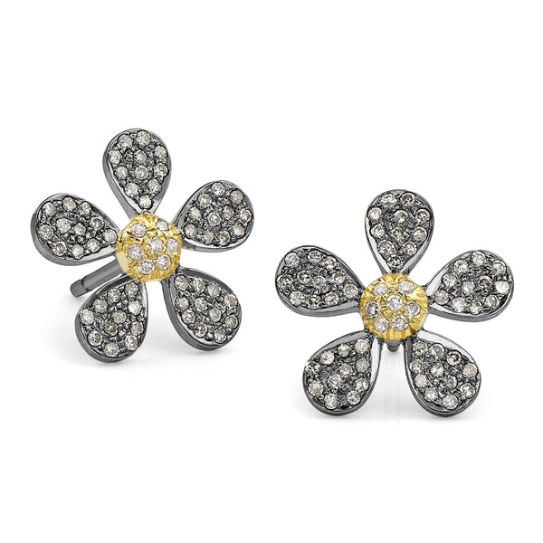Liza Beth Pave Diamond Flower Yellow Gold Rhodium Silver Stud Earrings